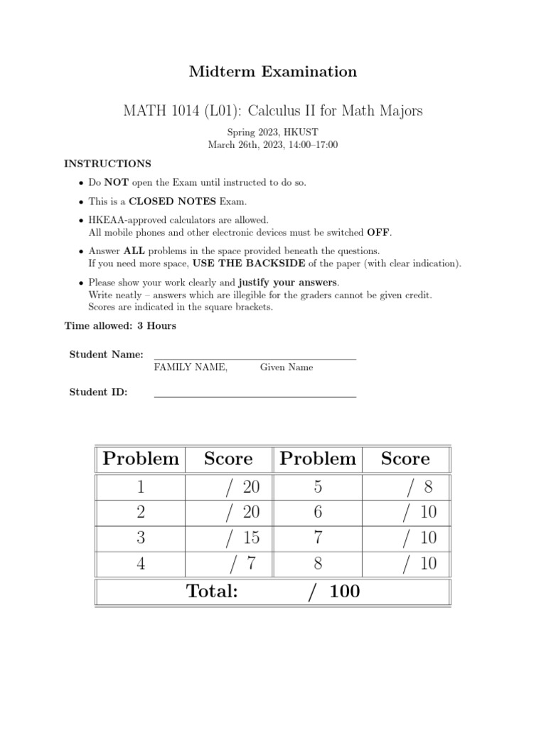 (MATH1014) (2023) (S) Midterm GRRDKJFD 81643 | PDF | Integral | Mathematics