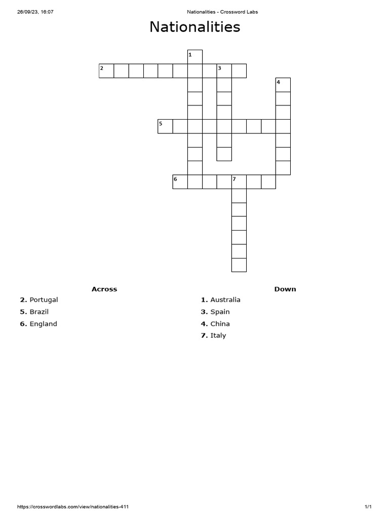 Nationalities - Crossword Labs | PDF