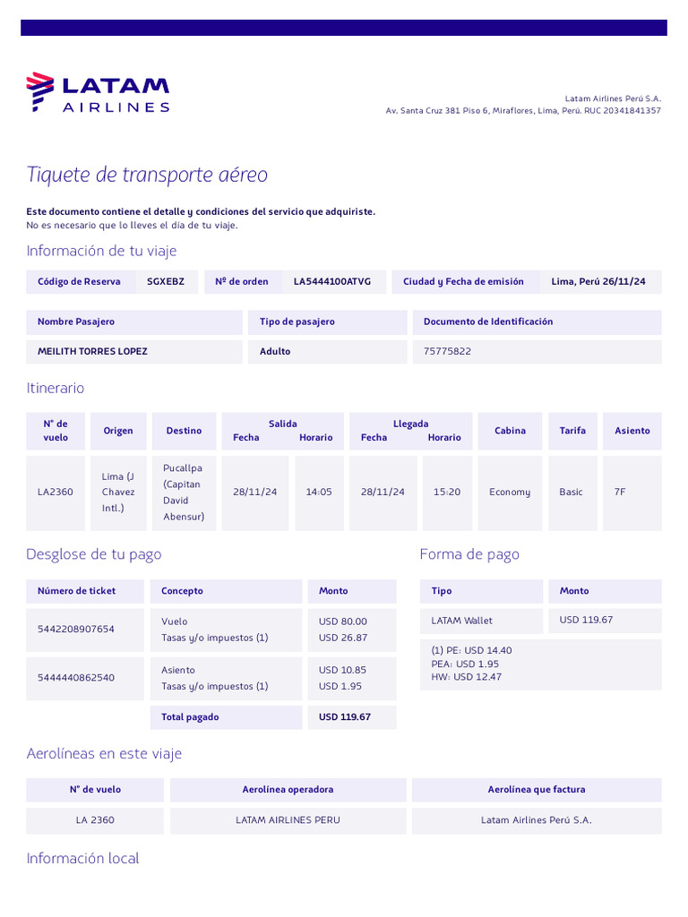 Comprobante LATAM LA5444100ATVG | PDF | aerolíneas | Pasajero