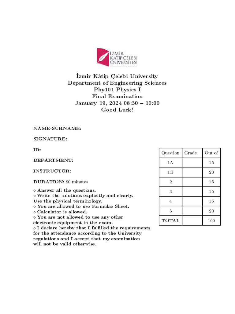 Physics I Final Exam | PDF | Force | Torque