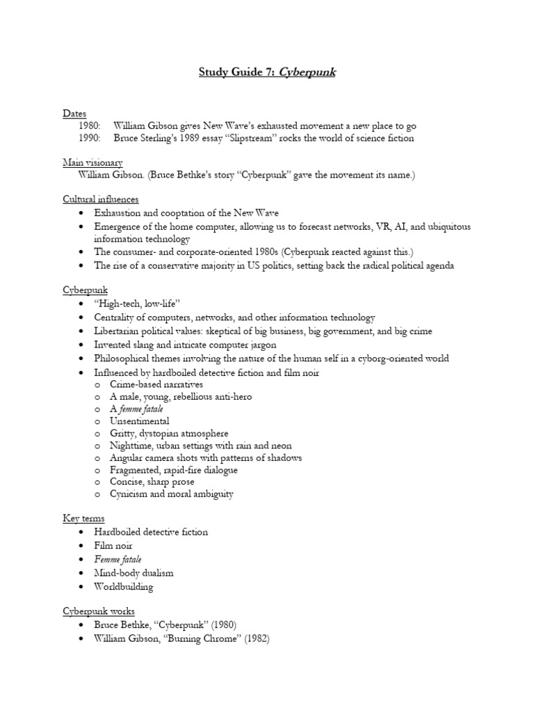 Study Guide 7 - Cyberpunk | PDF