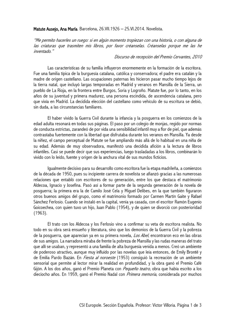 Biografía de Ana María Matute Ausejo | PDF | Novelas