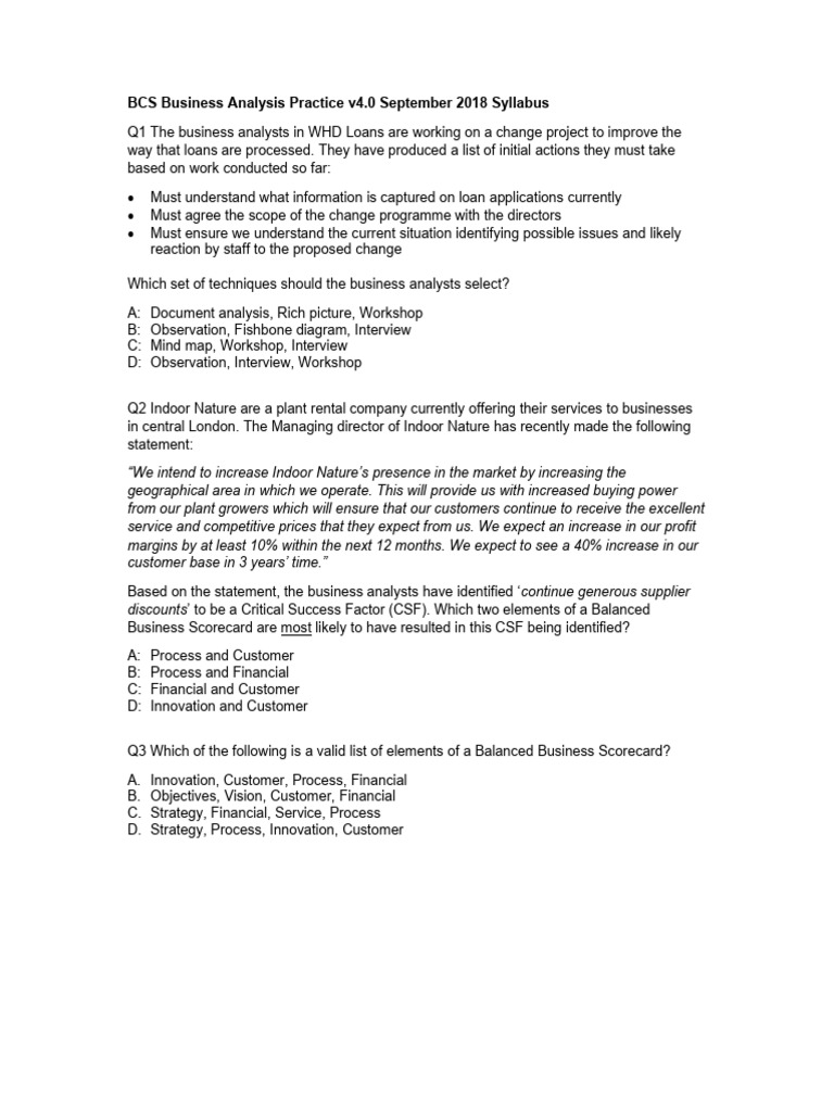 BCS Business Analysis Practice Sample Exam Questions v4.0 Sep18 v2 | PDF | Business Analysis ...