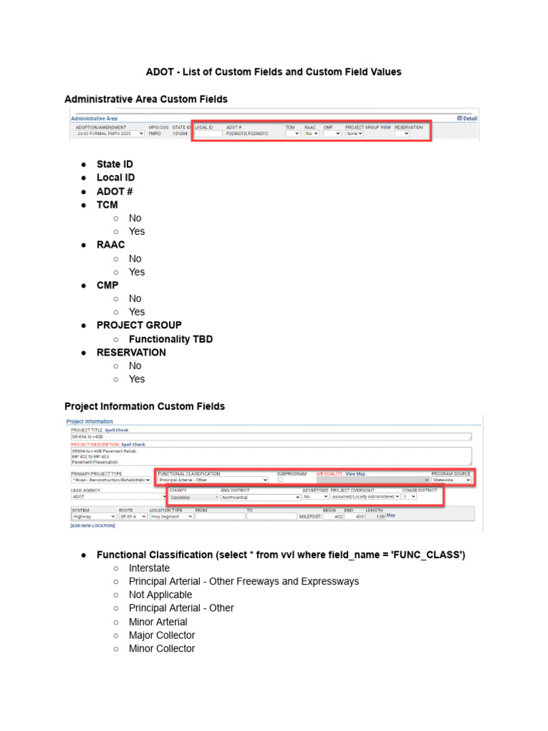 ADOT - List of Custom Fields and Custom Field Values | PDF | Intersection (Road) | Road Surface