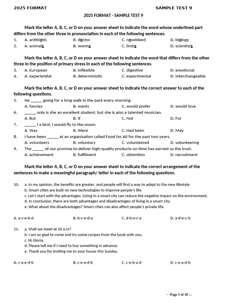 2025 Sample Test 9: Pronunciation & Grammar | PDF | Equity (Finance ...