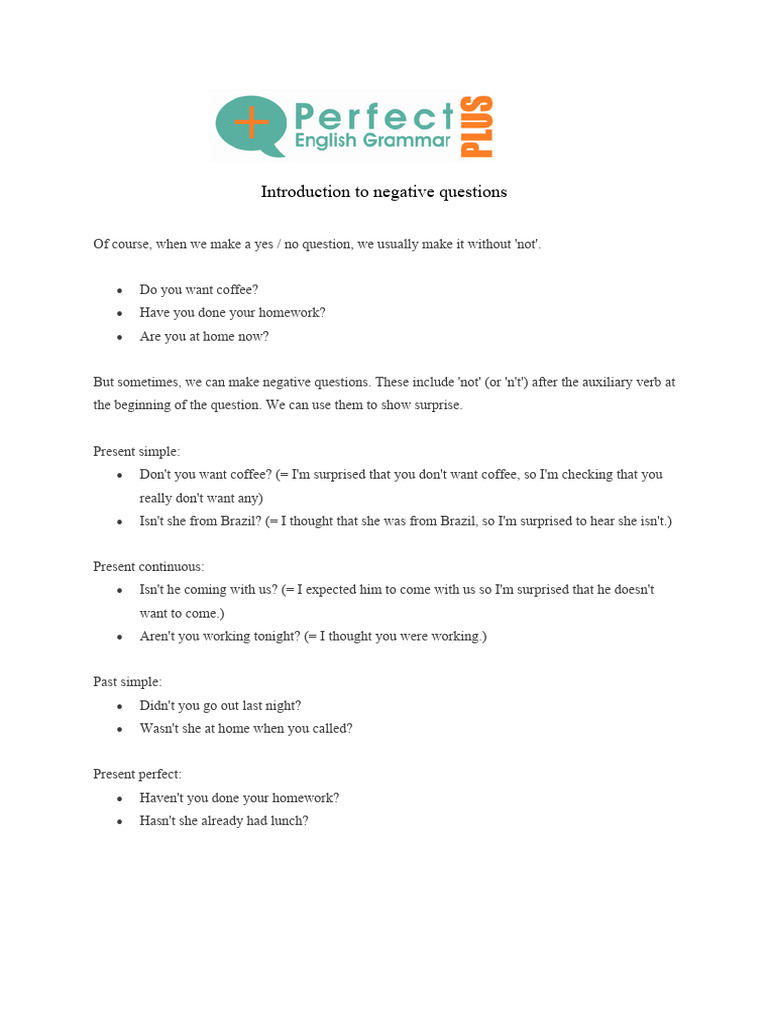 Introduction to negative questions | PDF