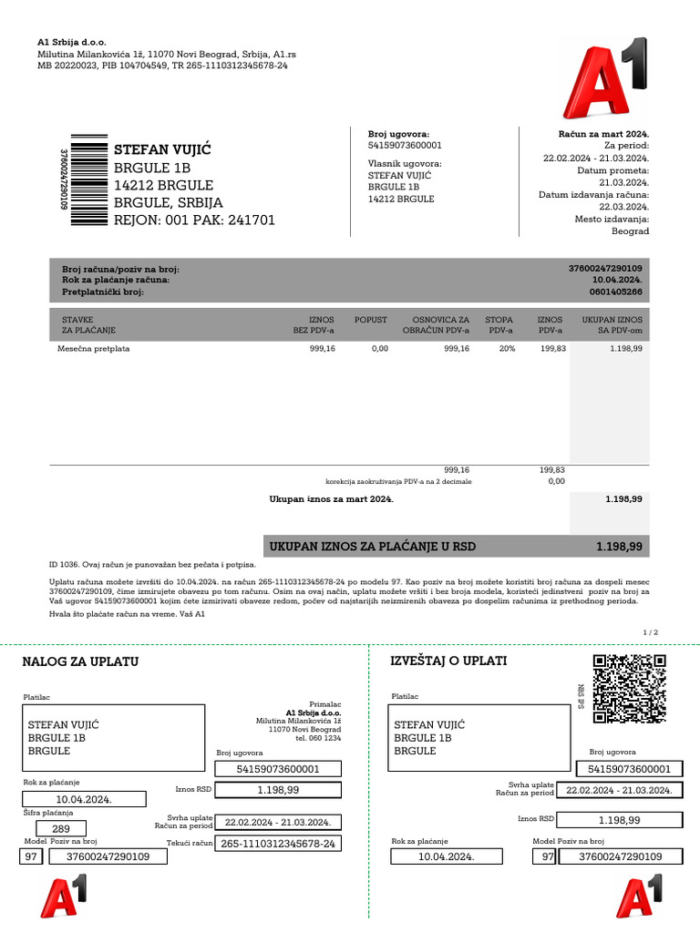 Stefan Vujić: Brgule 1B 14212 BRGULE Brgule, Srbija REJON: 001 PAK ...