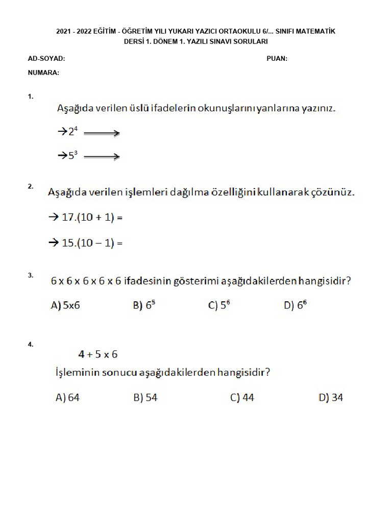 6 Sinif 1 Donem Matematik Yazili Sinavi | PDF