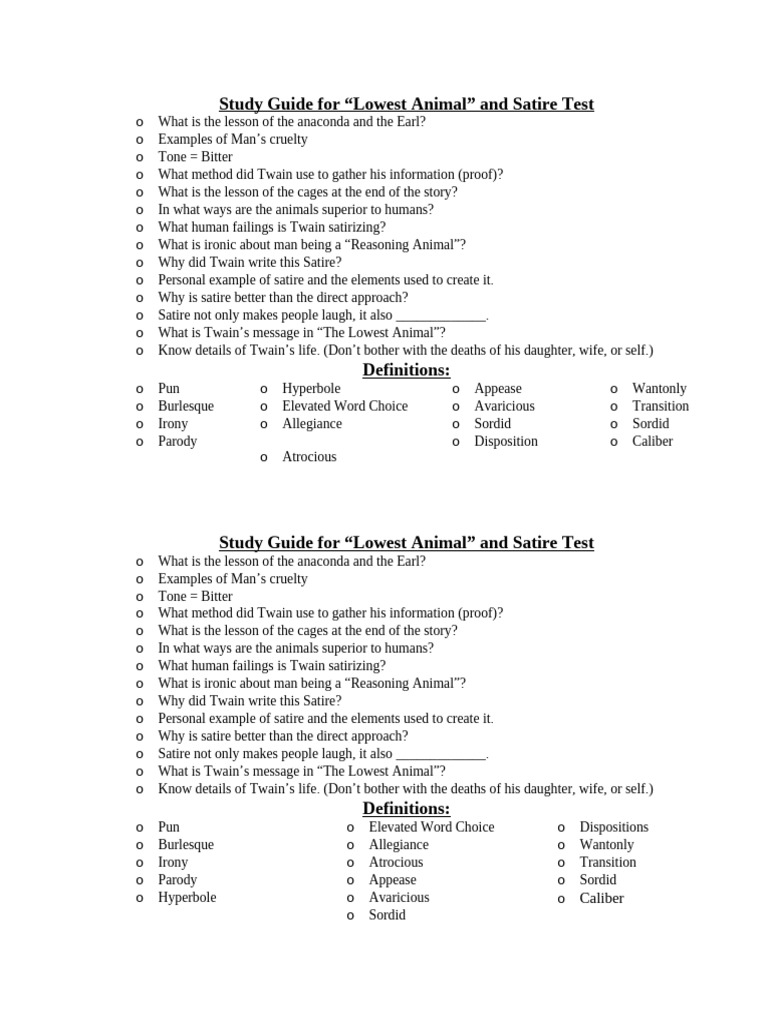 Study Guide for Twain Lowest Animal and Satire | PDF | Satire ...