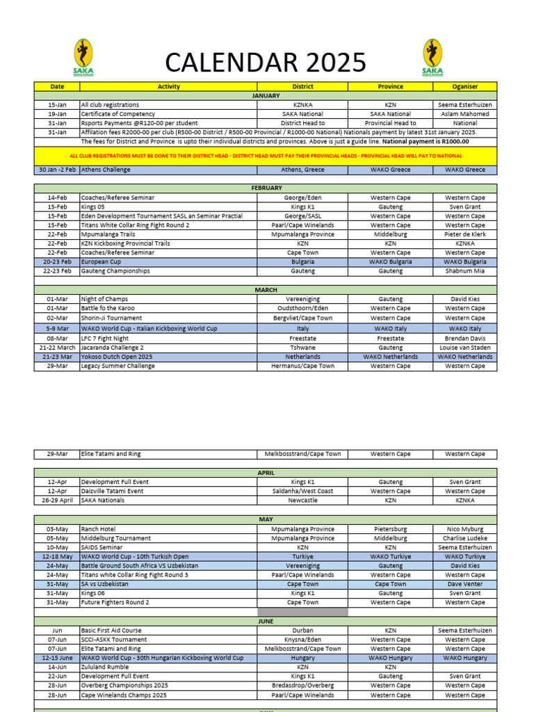 SAKA Calendar 2025 Updated | PDF | Martial Arts Organizations