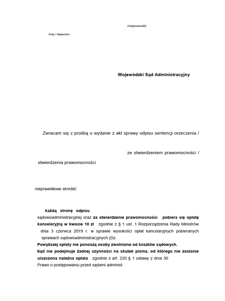 Wniosek o Wydanie z Akt Sprawy Odpisu Orzeczenia | PDF