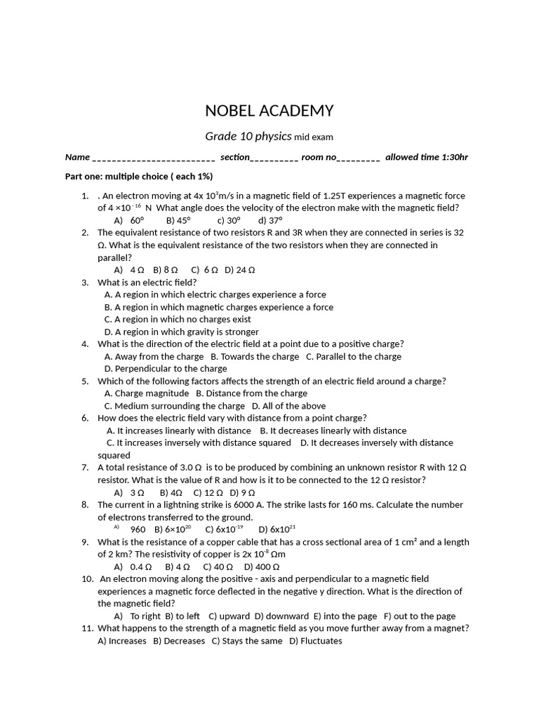 Grade 10 Physics Exam