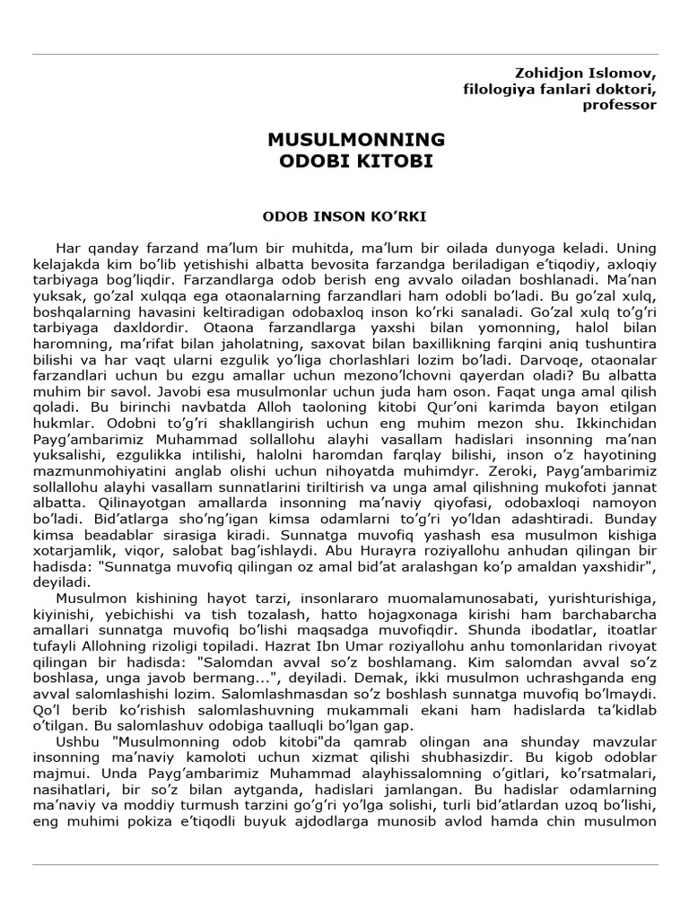 Musulmonning odob kitobi - Zohidjon Islomov | PDF