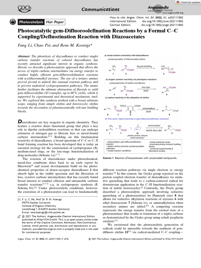 Angew Chem Int Ed - 2021 - Li - Photocatalytic Gem Difluoroolefination Reactions by A Formal C C ...