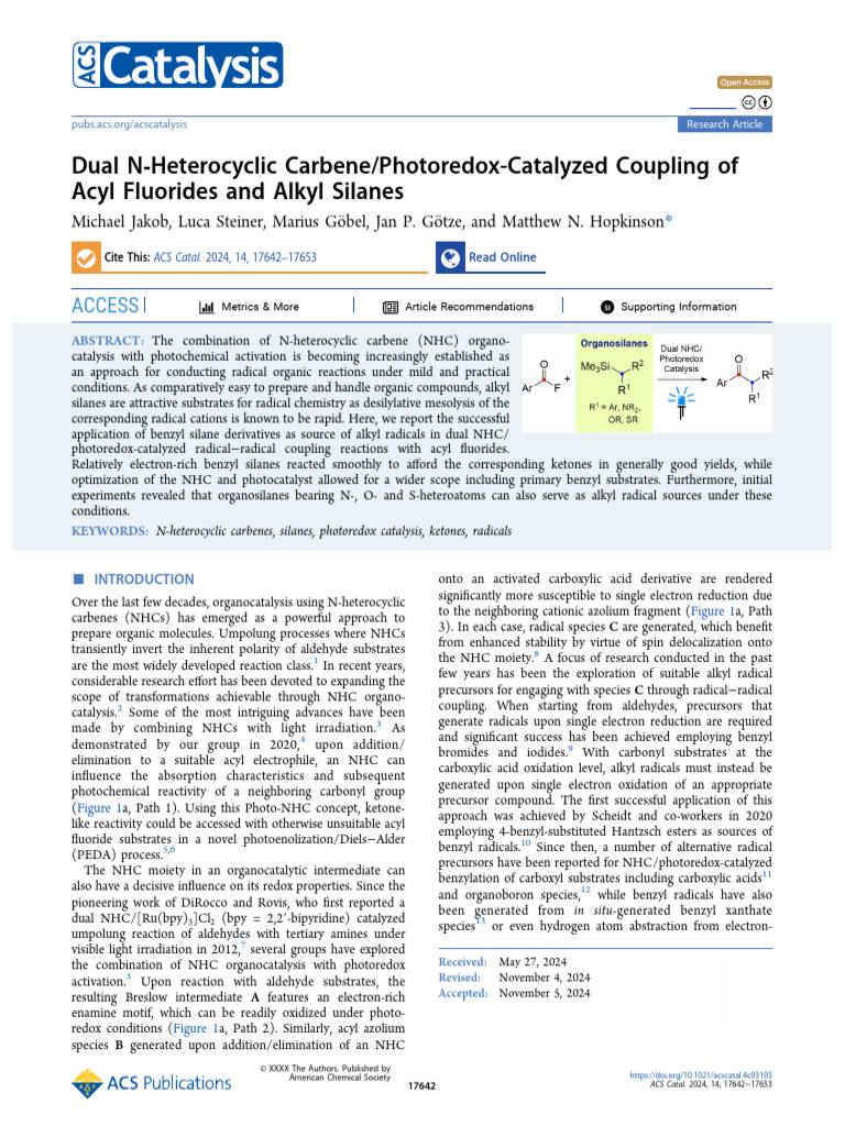Jakob Et Al 2024 Dual N Heterocyclic Carbene Photoredox Catalyzed Coupling of Acyl Fluorides and ...