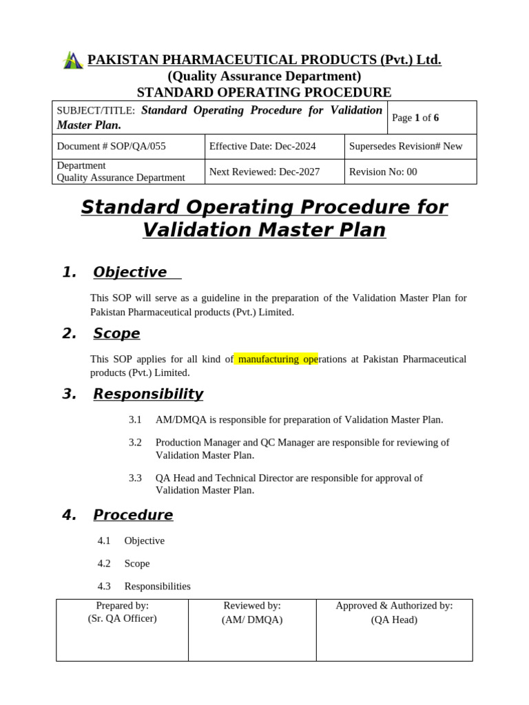 055-SOP of Validation Master Plan | PDF | Verification And Validation | Quality Assurance