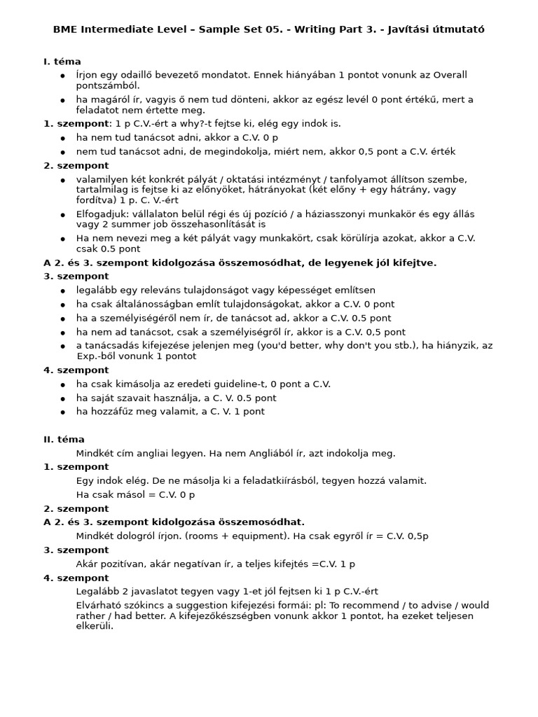 05 BME Intermediate Level - Writing Part 3. - Javítási Útmutató | PDF
