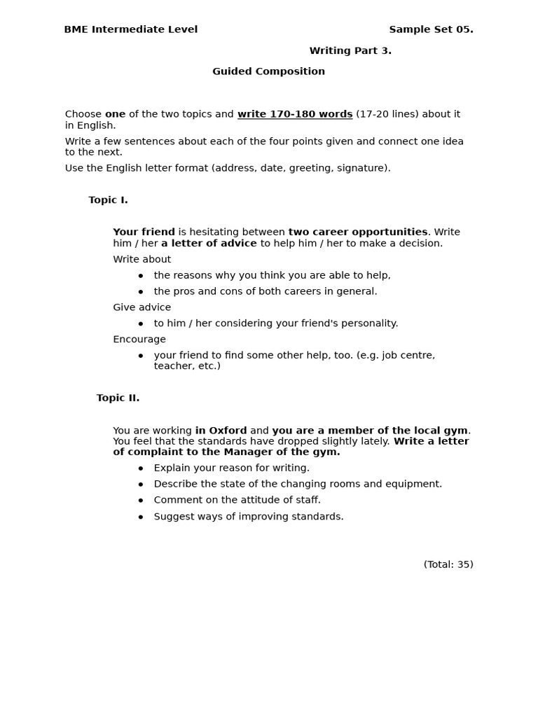 05 BME Intermediate Level - Writing Part 3. - Letter of Advice To A ...