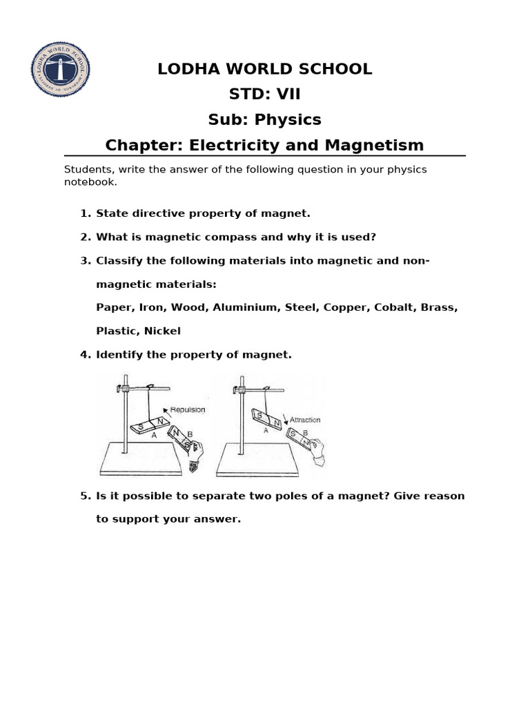 Worksheet On Magnetism Class VII | PDF