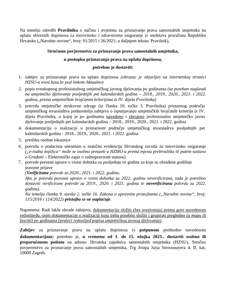 1 Popis Potrebne Dokumentacije U Postupku Priznavanja Prava Na Uplatu Doprinosa | PDF