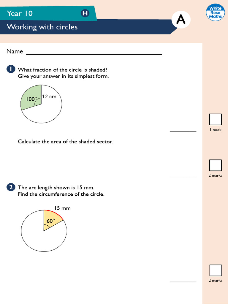 WRM Y10 Spring b2 Working With Circles Higher Assessment A | PDF | Area | Circle
