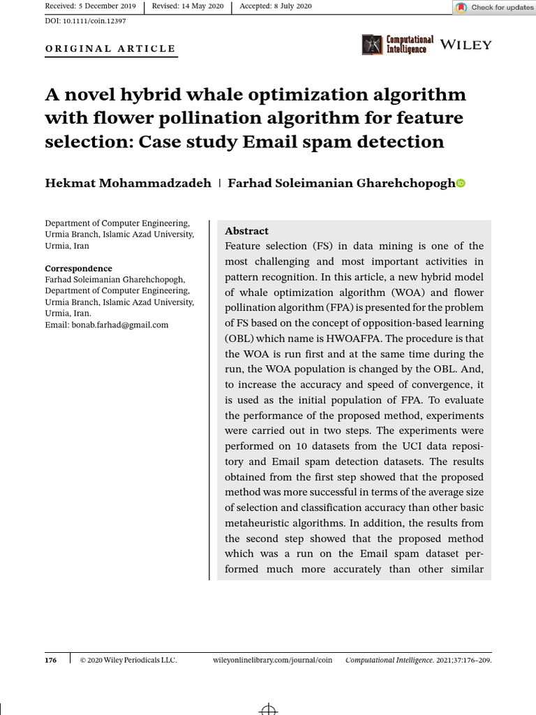 Computational Intelligence - 2020 - Mohammadzadeh - A Novel Hybrid Whale Optimization Algorithm ...