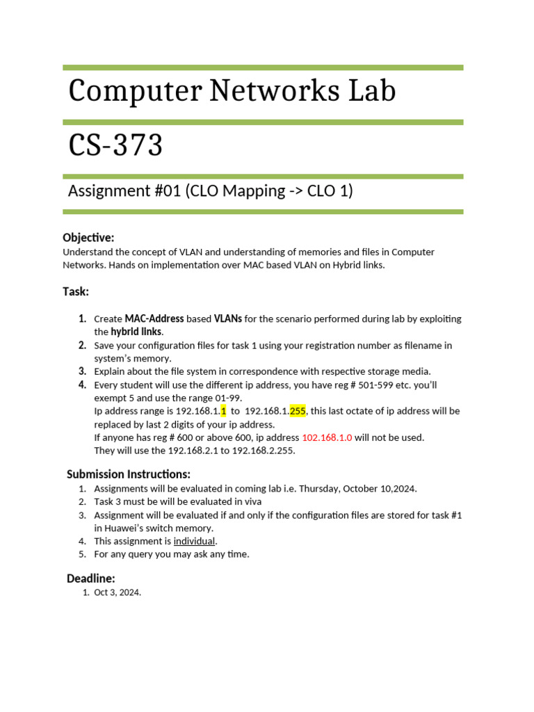 VLAN Configuration Assignment Guide | PDF