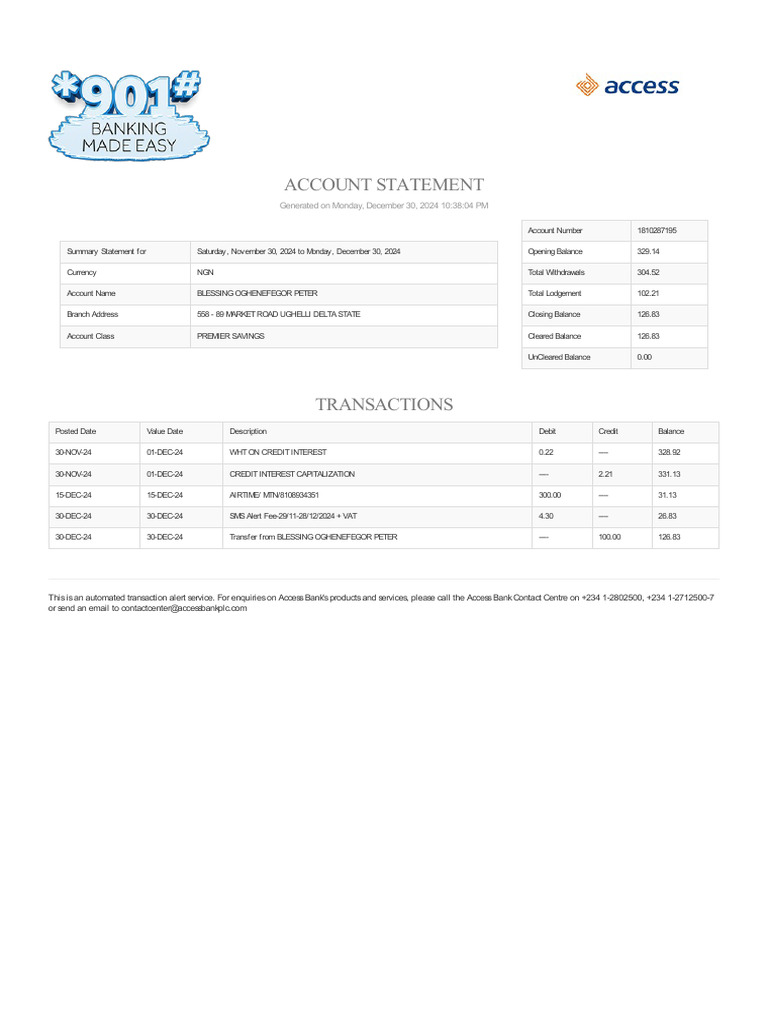 Access Bank Account Statement Summary | PDF | Banks | Business Economics