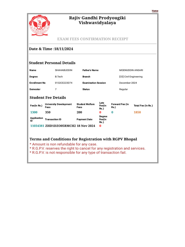7th Exam Form Receipt | PDF