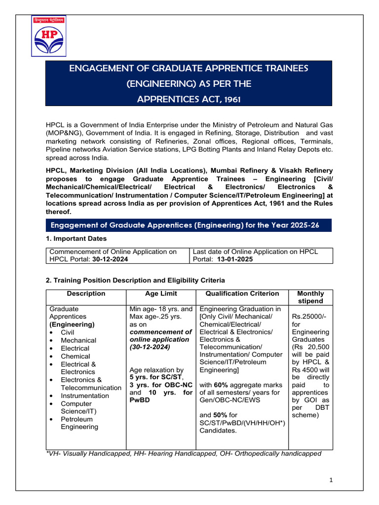 Engagement of HPCL Graduate Apprentice Trainees 2025-26 | PDF ...