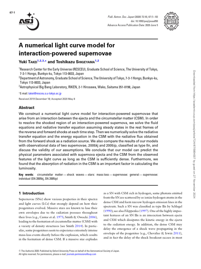 A Numerical Light Curve Model for Interaction Powered Supernovae | PDF ...