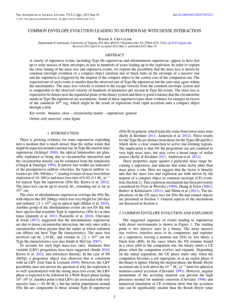 Common Envelope Evolution Leading To Supernovae With Dense Interaction | PDF | Supernova | Stars