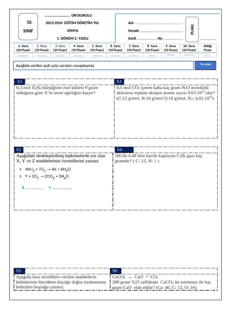 10 Sinif Kimya Sorubak Com 1d2y DNo cigliNTR Kyt 50099002 | PDF