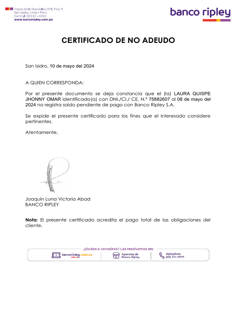 Certificado de No Adeudo | PDF