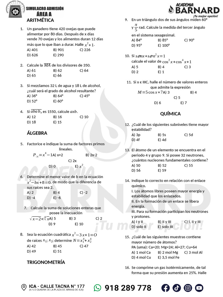 Simulacro 0312 Area A Claves | PDF | Neutrón | Enlace químico