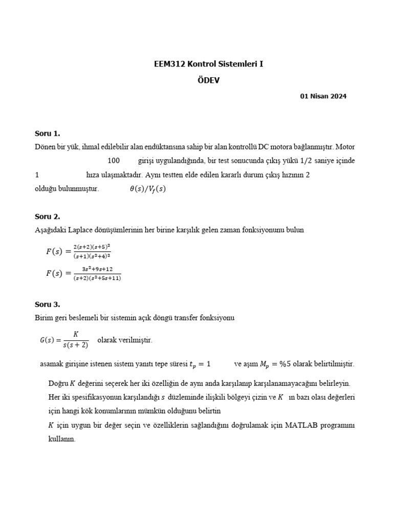 Eem312 Kontrol Sistemleri Odev | PDF