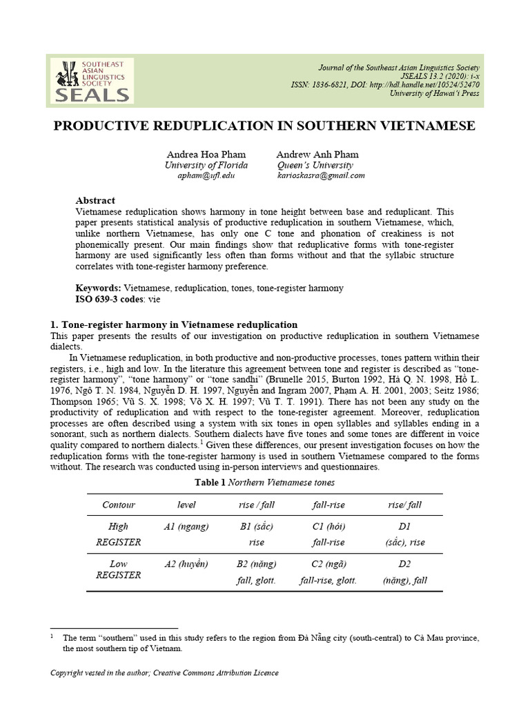 Pham & Pham 2020 Productive Reduplication in Southern Vietnam | PDF ...