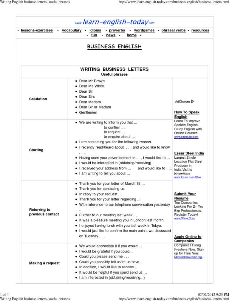 Writing English Business Letters - Useful Phrases | PDF | English ...