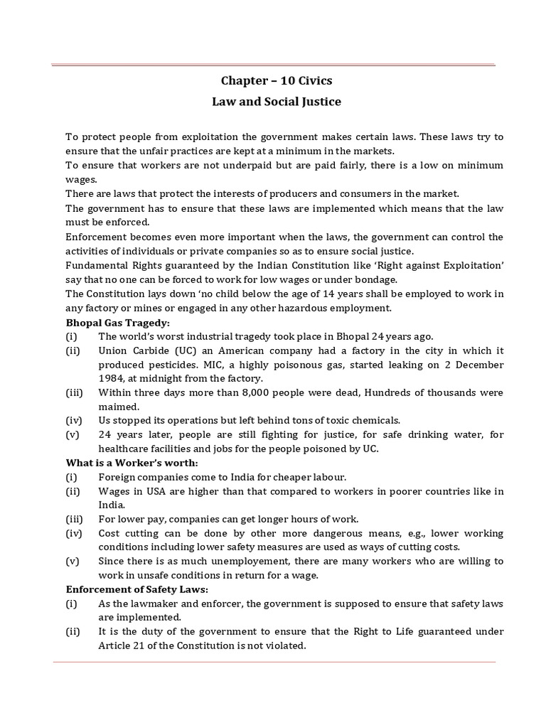 Class8 Social Science POL CH 10 Law and Social Justice | PDF | Economies | Labor