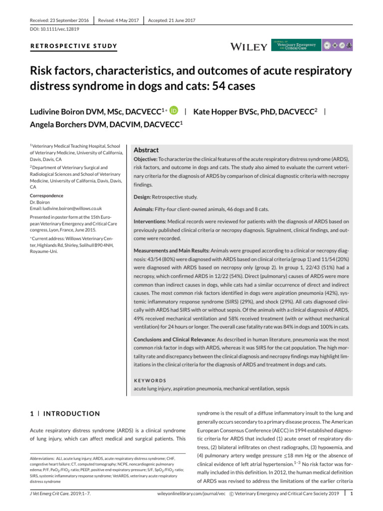 Risk factors, characteristics, and outcomes of acute respiratory distress syndrome in dogs and ...