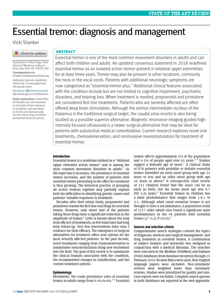 Essential Tremor - Diagnosis and Management | PDF | Dystonia | Neurology