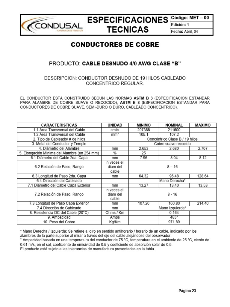 Especs 0000 AWG Desnudo | PDF | Cobre | Cable