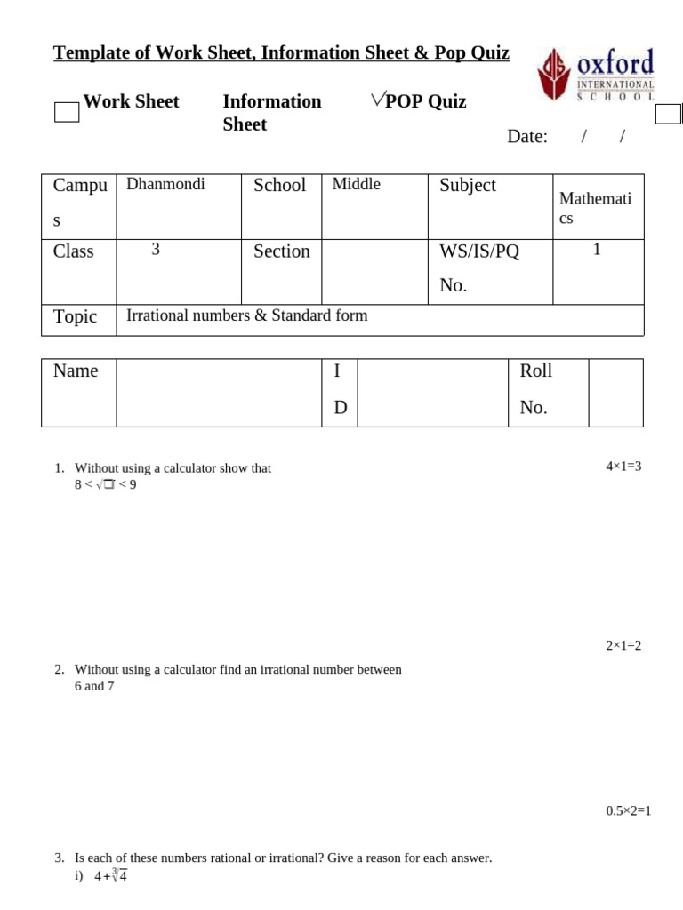 POP - Quiz 1 Class 7 Maths | PDF