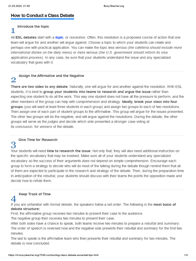 How To Conduct A Class Debate: Topic | PDF | Learning | Cognition