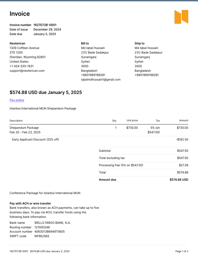 Invoice-1627D72B-0001 | PDF | Wire Transfer | Invoice