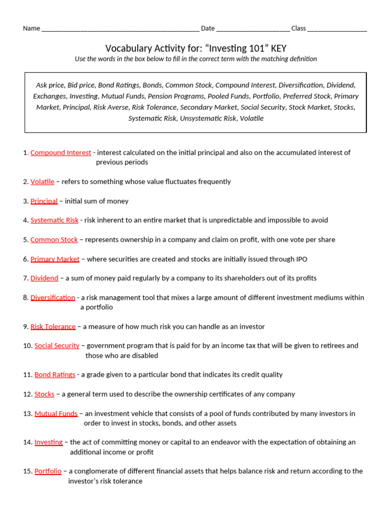 Investing Vocabulary Activity KEY | PDF | Bonds (Finance) | Investing