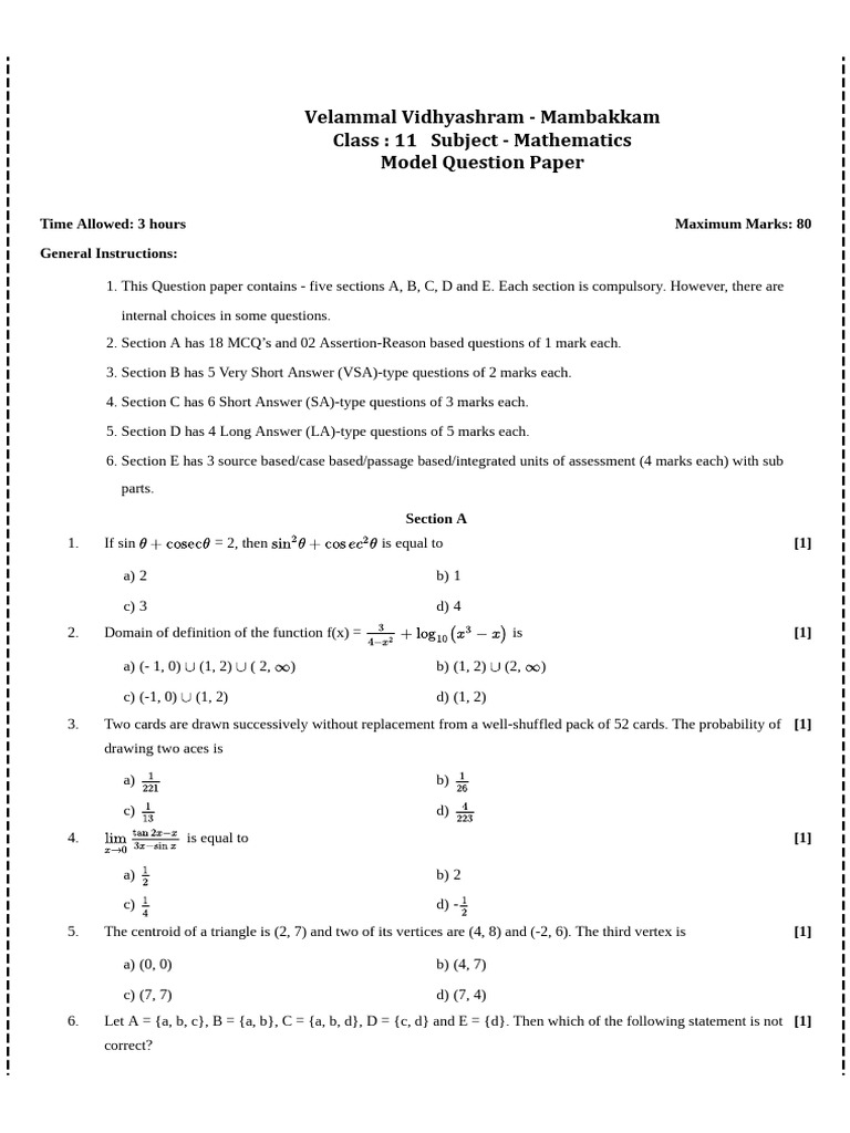Class 11 Mathematics Model Question Paper | PDF | Mathematics ...