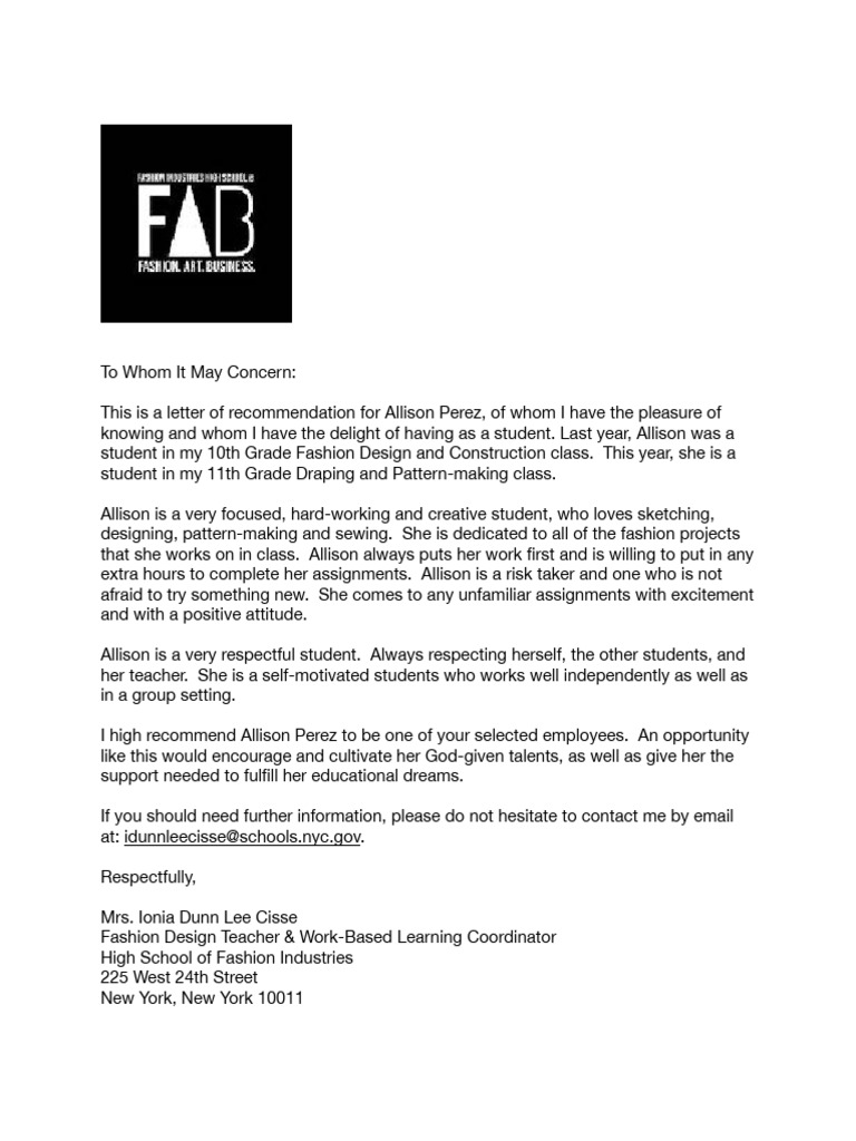 ALLISON PEREZ - Letter of Recommendation | PDF