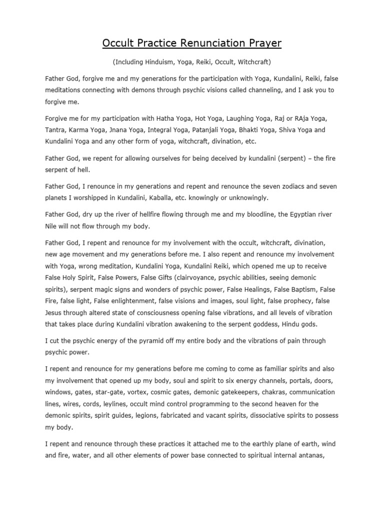 Occult Practice Renunciation Prayer | PDF | Yoga | Kundalini