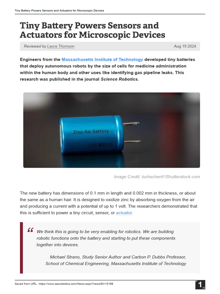 Tiny Battery Powers Sensors and Actuators For Microscopic Devices | PDF ...